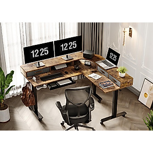 Claiks Triple Motor 63" L Shaped Standing Desk with Drawers, Electric Standing Desk Adjustable Height, Corner Stand up Desk with Splice Board, Black Frame/Rustic Brown Top