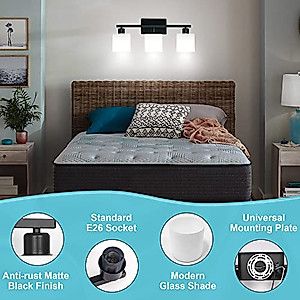 Dekang 3-Light Bathroom Vanity Light Fixtures Over Mirror, Modern Anti-Rust Black Wall Sconces for Bedroom, Living Room, Decor Milky White Glass Shades, E26 Standard Base, Bulbs Not Included