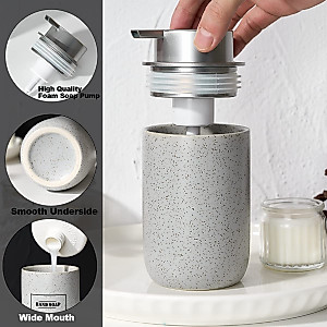 GIRLUFO Gray Foaming Soap Dispenser,Ceramic Foam Dispenser with Silver Plastic Soap Pump for Bathroom&Kitchen,Refillable Soap Dispenser,12oz Hand Soap Dispenser