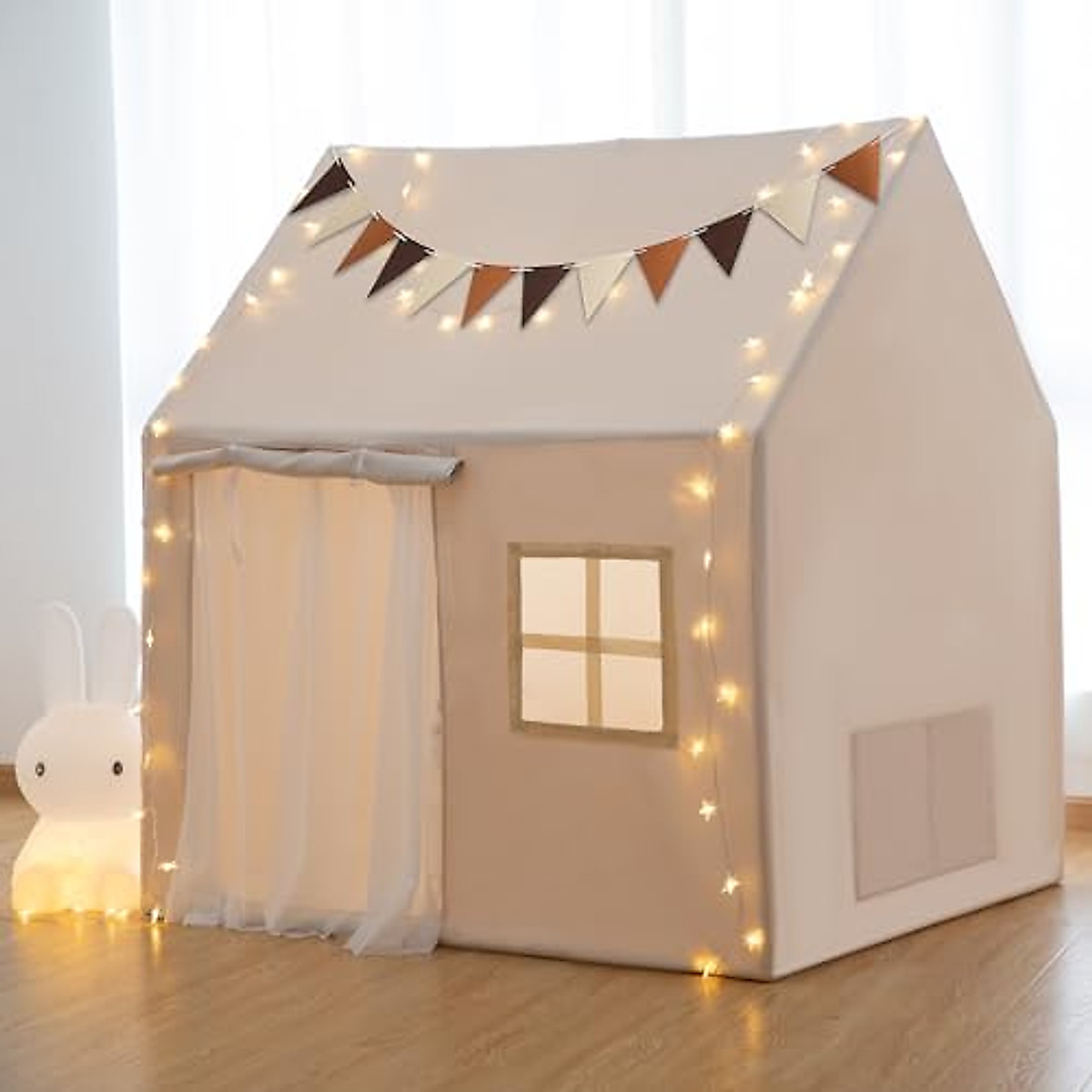 TreeBud Play Tent with Padded Mat, Pennant Banners, Star Lights - Kids Playhouse with Large Space for Indoor Outdoor, Large Play House Toys for Toddler, Boys and Girls, Side Door Roller Blind