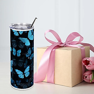 Honeybaby Blue Butterfly Coffee Tumbler 20 oz with Straw & Lid Leak Proof Tumbler Reusable Stainless Steel Tumblers Insulated Water Bottles Gifts for Women Men