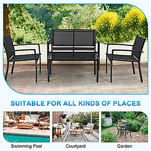 PayLessHere 4 Piece Outdoor Conversation Set for Patio Lawn Poolside with Glass Coffee Table Tempered Glass Tabletop Waterproof Set Textile Modern Conversation Set
