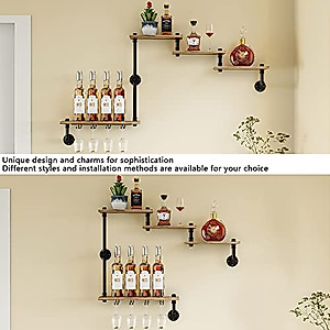 MAIKAILUN Wine Rack Wall Mounted with 4 Stem Glass Holder,Industria Floating Wine Pipe Shelf Bar Shelves, Liquor Cabinet for Home, Kitchen Living Room Decor Display Rack