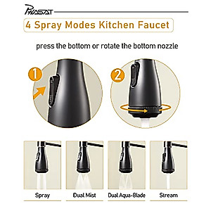PHASAT Kitchen Faucet with Pull Down Sprayer High ArcSpring Kitchen Sink Faucet 4 Function Single Handle Mixer Tap,Matte Black,PU1H01