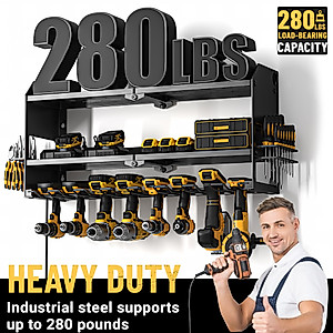 YYR Power Tool Organizer with Charging Station Wall Mount, Cordless Drill and Battery Holder for Garage Organization, Electric Tools Storage Rack Build in Surge Protection Power Strip - Black Shelf