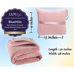 BlueHills Premium Soft Long Travel Blanket Pillow for Tall Airplane Flight Blanket 70 X48 inch Throw in Soft Bag case with Hand Luggage Belt & Backpack Clip Compact Pack Large Pink T055