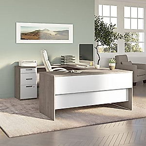 Bestar Ridgeley U Shaped Desk, 65W, Silver Maple & Pure White