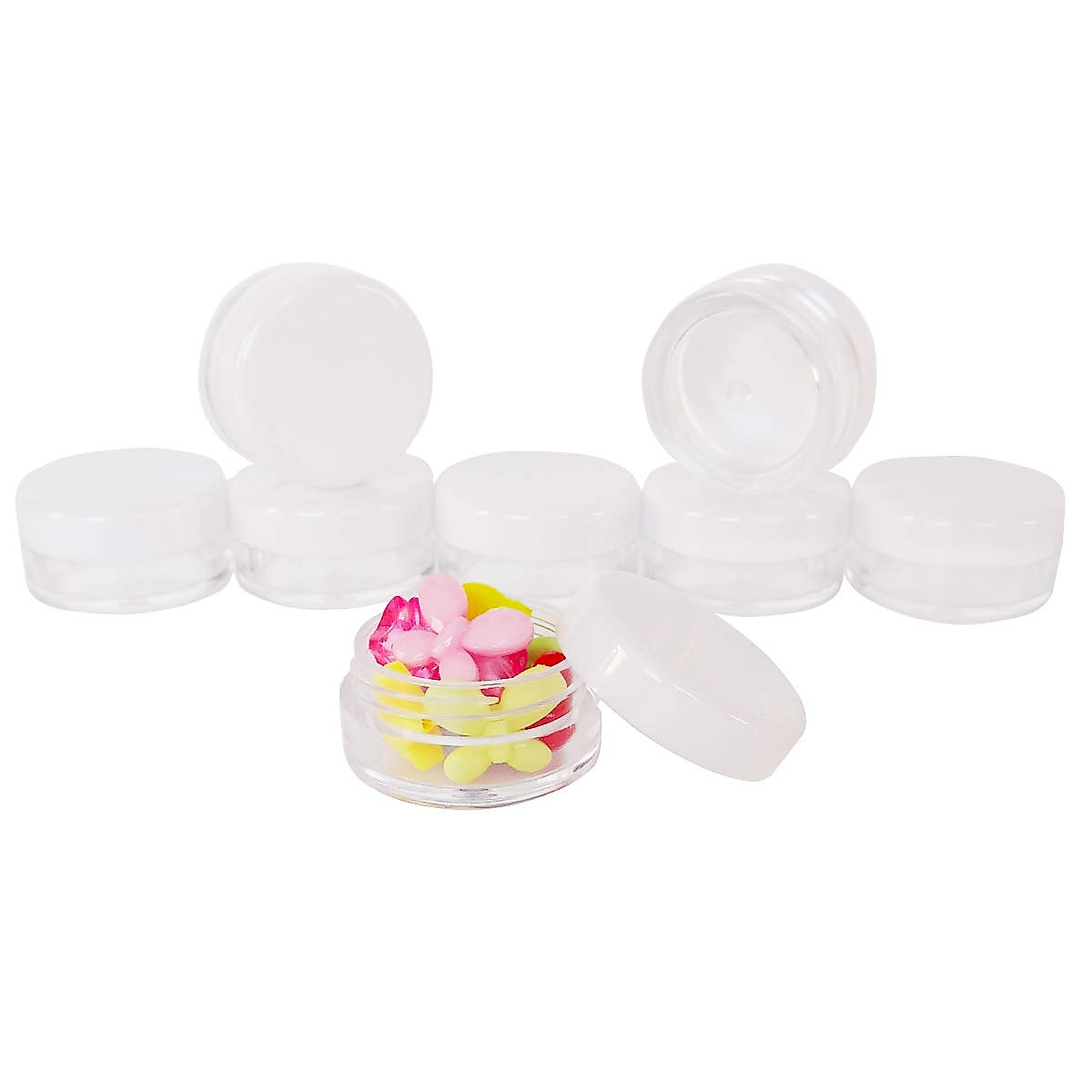 Wopanxye 20pcs 5g Small Travel Sample Cosmetic Containers for Make-up Eye Shadow Nails Lotion Powder Gems Beads Jewelry Cream, 5ml Clear Round Pot Jars with White Lid， Mini 5ml Plastic Sample Jars