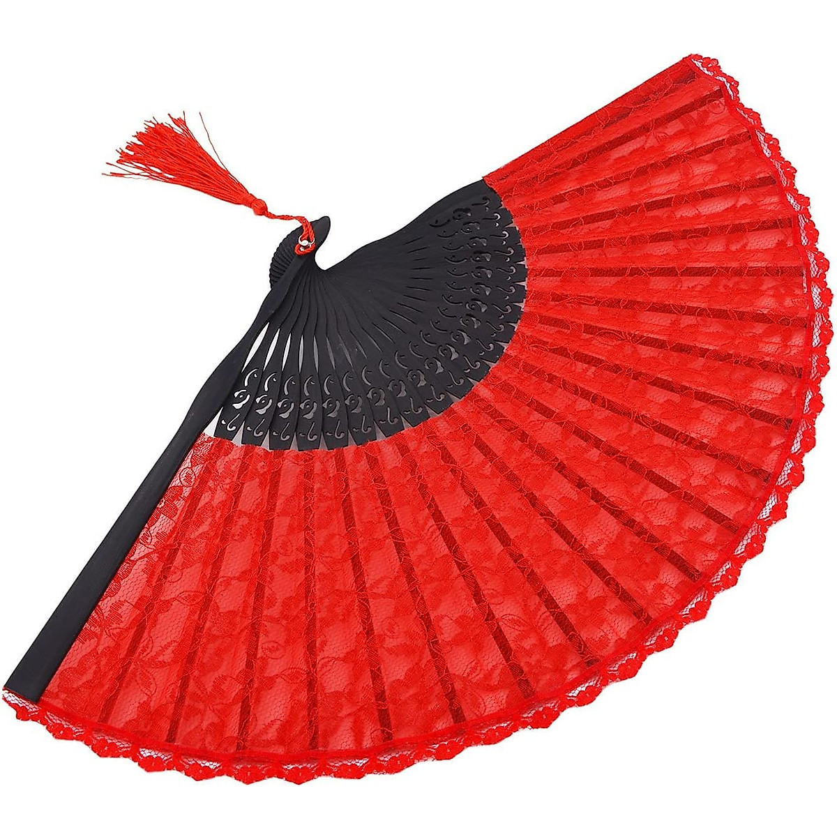 Womens Multi Color Handmade Cotton Lace Folding Hand Fan (Black-A) (Red)