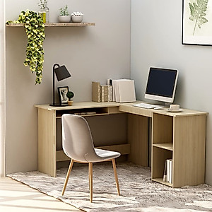 QZZCED L-Shaped Corner Desk,Modern Computer Desk,Workstation,PC Laptop Table,with Pull-Out Keyboard Tray and 2 Open Shelves Sonoma Oak 47.2"x55.1"x29.5" Chipboard