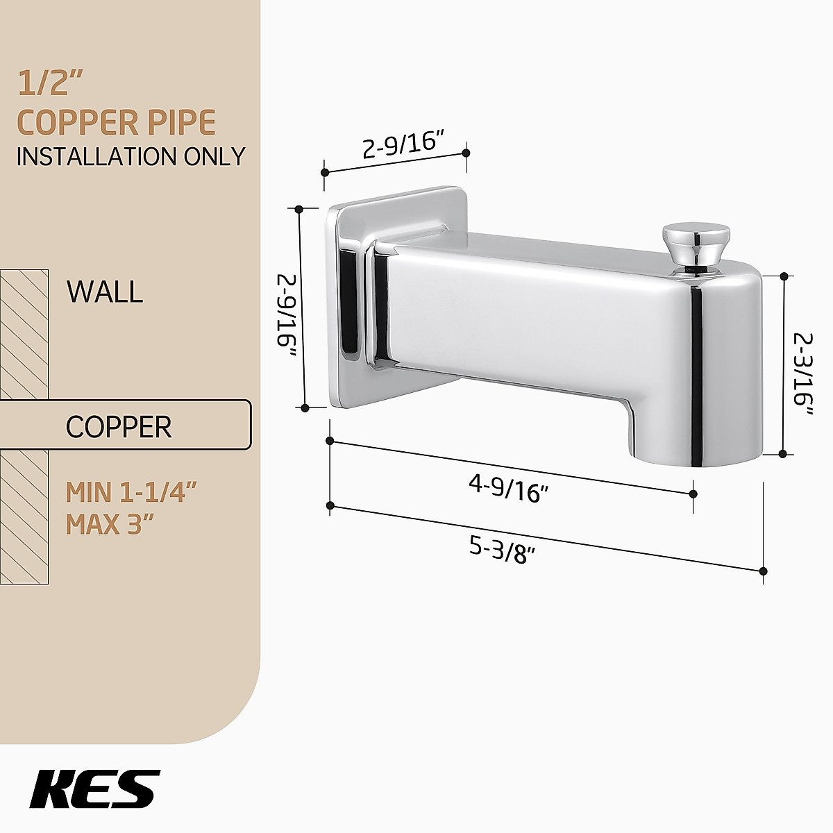 KES Bath Tub Faucet Replacement, 5-3/8 Inch Bathtub Spout with Diverter Metal Contruction(Inside and Out), Slip-on Shower Spout Fits 1/2 Inch Copper Pipe, Chrome, PTSN300-CH