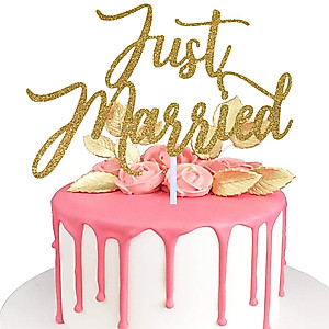 Just Married Cake Topper - Little Backyard Wedding & Bridal Shower/Engagement Party Decoration, Gold Glitter Paper