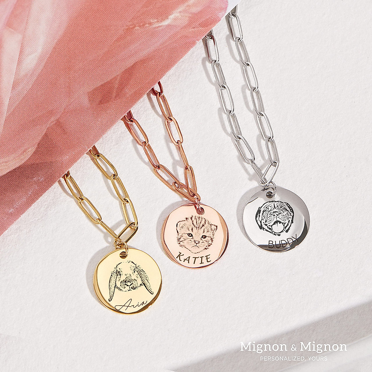 MignonandMignon Personalized Pet Portrait Engraved Bracelet Dog Memorial Jewelry Paperclip Chain Custom Birthday Idea for Animal LoverMultiple Disc Charm Mother's Day Gift -P-LCBR-AP