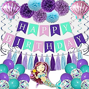 iPartycool, 60pcs Mermaid Birthday Decorations for Girls Women, Little Mermaid Party Decorations with Mermaid Balloons Happy Birthday Banner Pom Poms Hanging Swirls Tassels Confetti Shell Balloons
