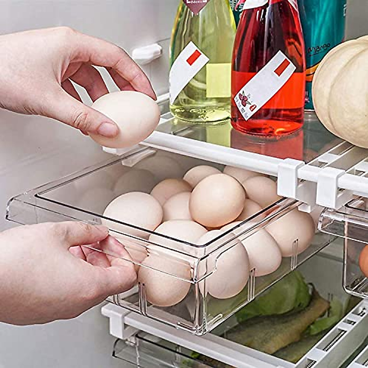 HOMEREFORM Pull-out Refrigerator Organizer Bins - Fridge Drawer Organizer with Handle, Refrigerator Shelf Holder Storage Box for Food Drinks, Fit for Fridge Shelf Under 0.6"