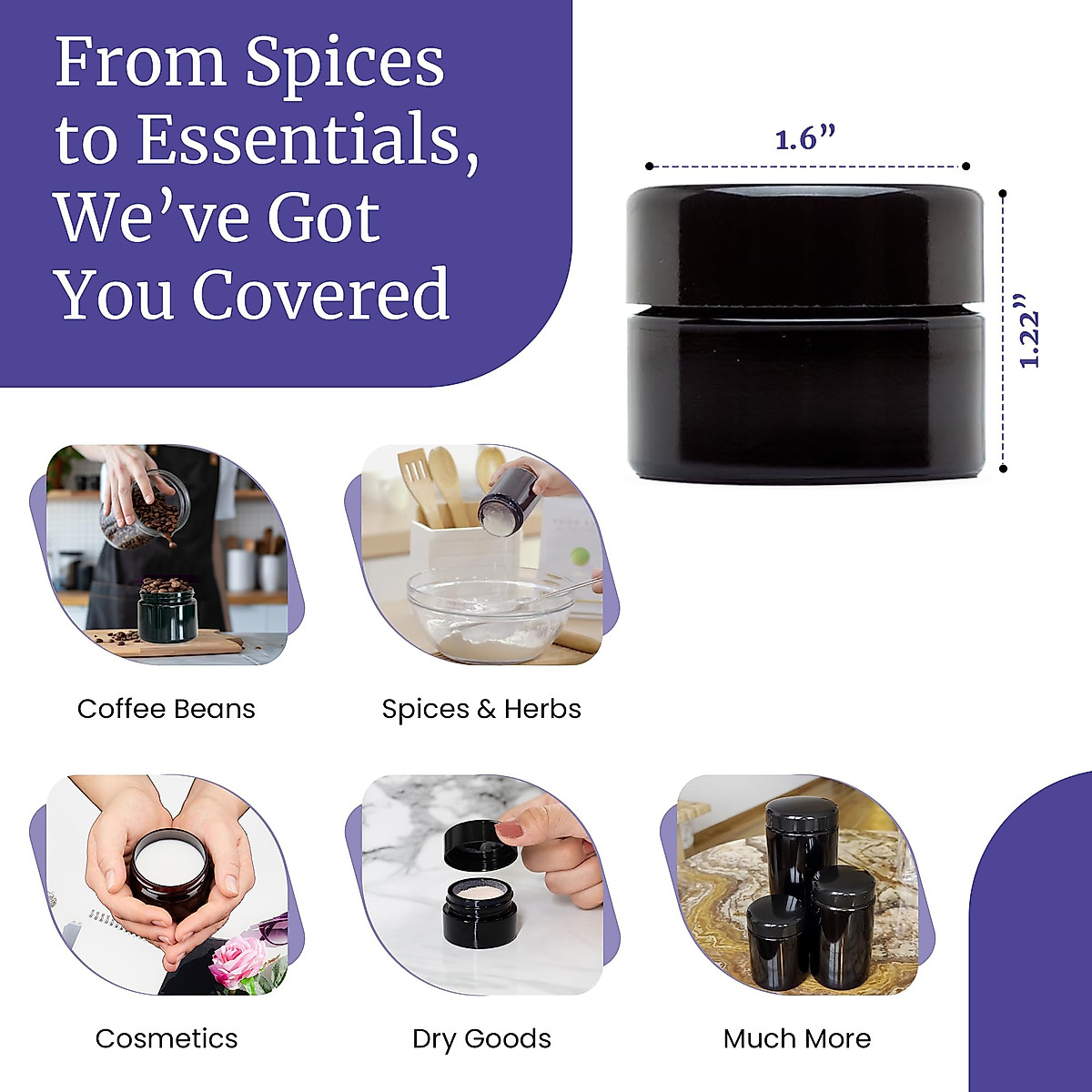 Infinity Jars Classic Black Glass Jar 15 ml (.5 fl oz) Ultraviolet Airtight Smell Proof, Refillable Container Screw top Jar for Long term storage Coffee Spices, Tea, Dried Goods Jar for Kitchen 3 Pack