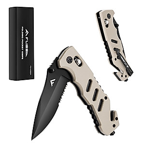 FLISSA Folding Pocket Knife with Clip, Glass Breaker and Seatbelt Cutter, Survival Knife for Emergency Rescue Situations, EDC Knife for Tactical, Hunting, Camping, Outdoor, Unique Gifts for Dad, Father