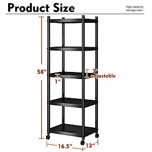 caktraie 5-Shelf Heavy Duty Shelving,Metal Utility Storage Racks with Rolling Wheels, Adjustable Kitchen Storage Rack, Black…