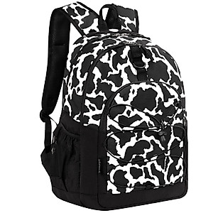Choco Mocha Cow Print Backpack for Teen Girls, Travel School Backpack for Girls Middle School Large Bookbag 18 Inch, Black