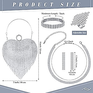 9 Pieces Women Rhinestone Crystal Jewelry Set Crystal Evening Clutch Purse Rhinestone Tassel Choker Necklace Glitter Dangle Fringe Earrings Bracelet Ring for Women Wedding Bridal Party (Heart Style)