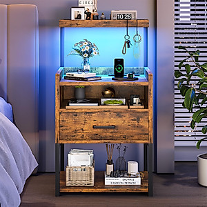 AOGLLATI Nightstand Set of 2 with Charging Station, Rustic Brown Night Stands for Bedroom Set of 2, Bedside Table with Storage Drawer and LED Light, End Side Table with USB Ports Easy Assembly