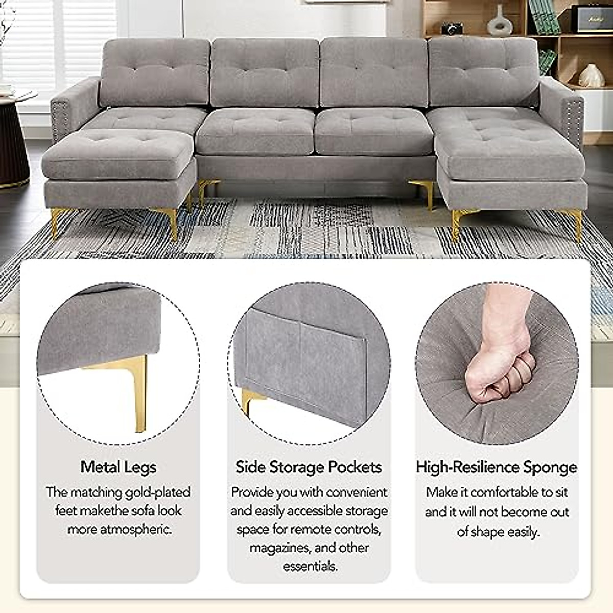 EOVTK Convertible Sectional Sofa with Movable Ottoman, 110" L-Shape Velvet Couch with Golden Metal Legs & Side Storage Pockets for Living Room, Apartment, Office, Light Gray