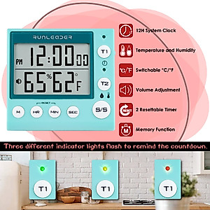 Jayron KT002A 2-Channel Kitchen Timer Magnetic Countdown Timer Clock Temperature and Humidity Meter Digital Minute/Second Timer Desk Clock for Elderly Kids（Blue）