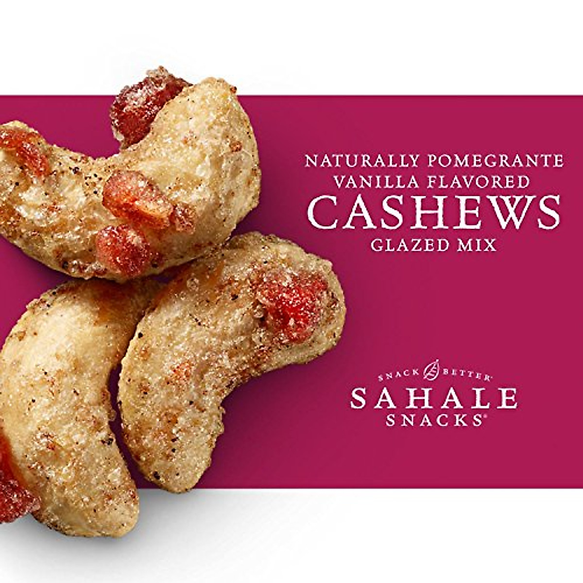 Sahale Snacks Pomegranate Vanilla Cashews, 1.5 oz Bags (18 Packs) - Dry-Roasted Deluxe Mixed Nuts with Pomegranate Infused Apples & Madagascar Vanilla - Non-GMO, Kosher, & Certified Gluten-Free Snacks
