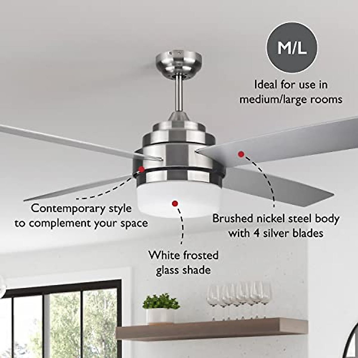 Design House 157354 Cali 52-inch Contemporary Indoor Ceiling Fan with LED Light Kit, Wall Control, Brushed Nickel