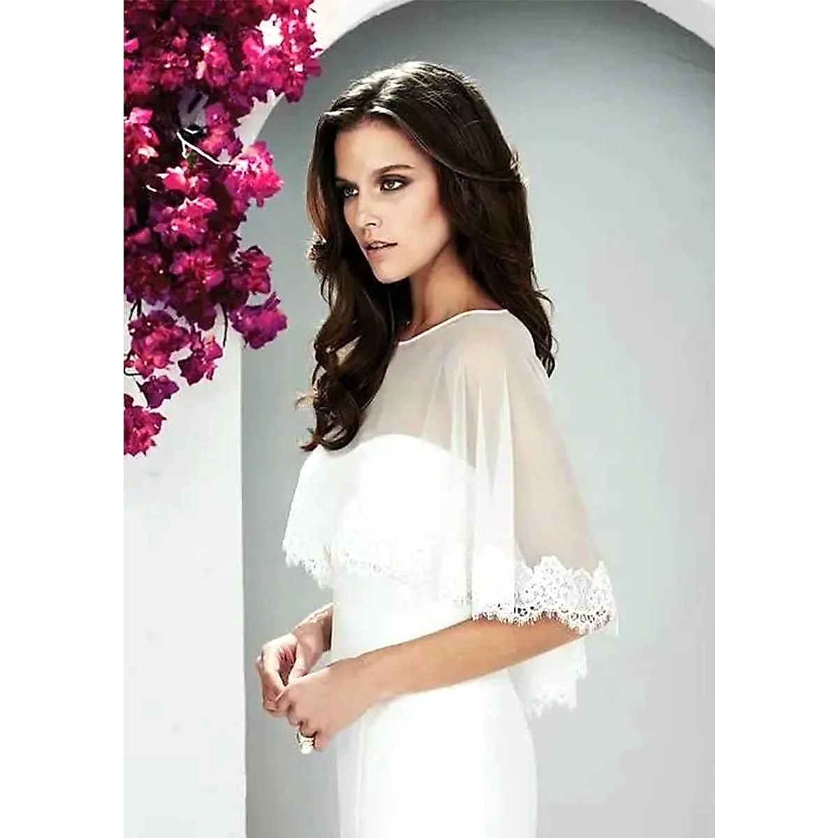 Grettytling Lace Wrap Shawl with Embroidered Lace Tulle Wedding dress cover up