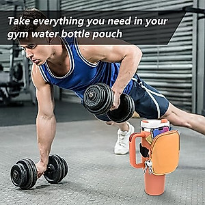 WUQID Adjustable Water Bottle Pouch for Stanley Quencher Adventure & Stanley IceFlow 20oz 30oz 40oz, Gym Accessories for Women Men, Tumbler Pouch Bag with Cards, Keys, Wallet, Earphone,Compact