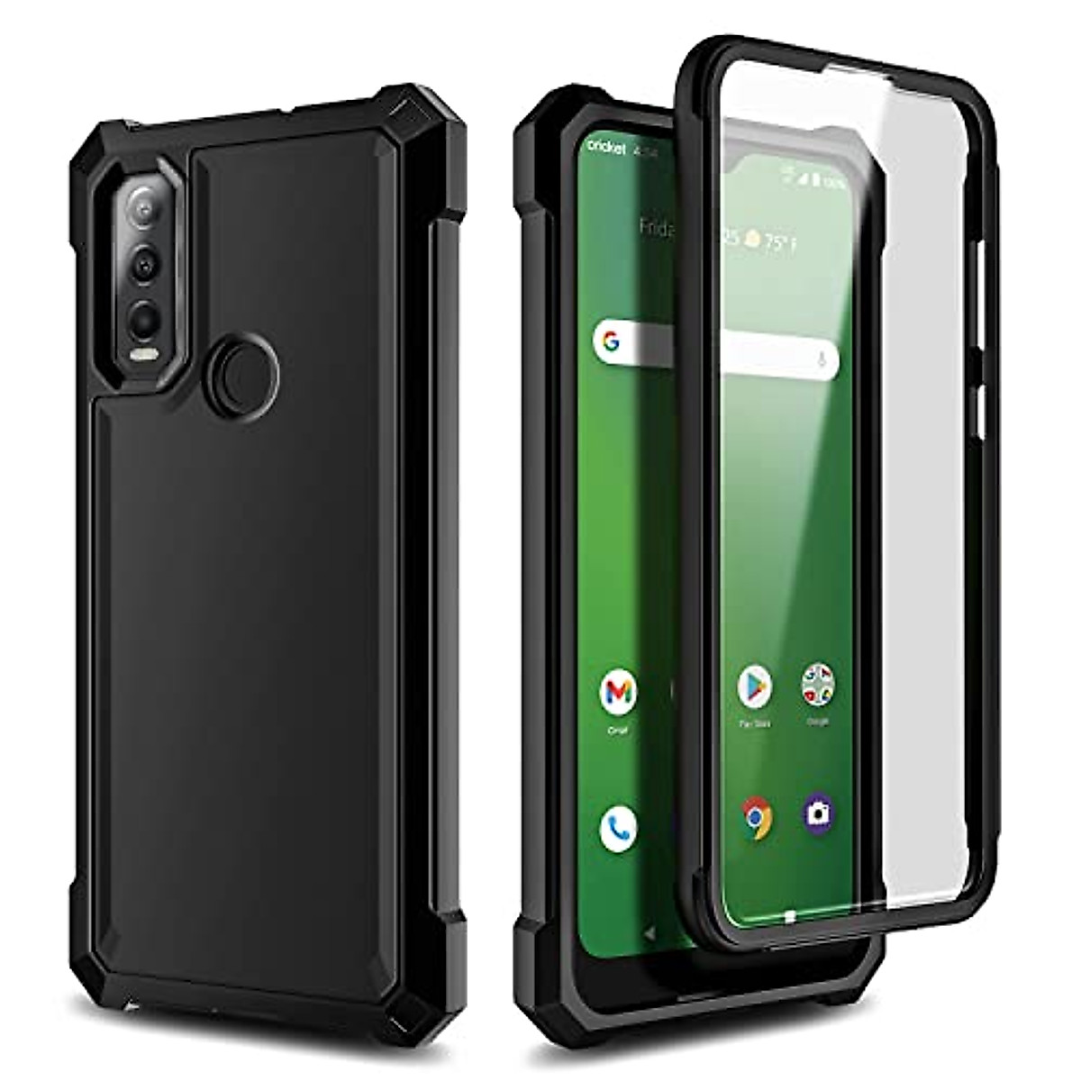 NZND Compatible with AT&T Motivate Max/Cricket Ovation 3 Case with [Built-in Screen Protector], Full-Body Protective Shockproof Rugged Bumper Cover, Impact Resist Durable Phone Case (Black)