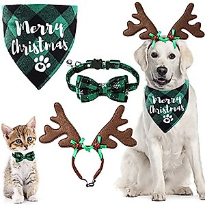 Idepet 3 PCS Christmas Dog Bandanna Bow Tie Collar with Reindeer Headband Costume Xmas Pet Plaid Triangle Bibs Scarf Kitten Adjustable Bow Tie for Cats and Dogs Puppy Christmas Decoration (Green)