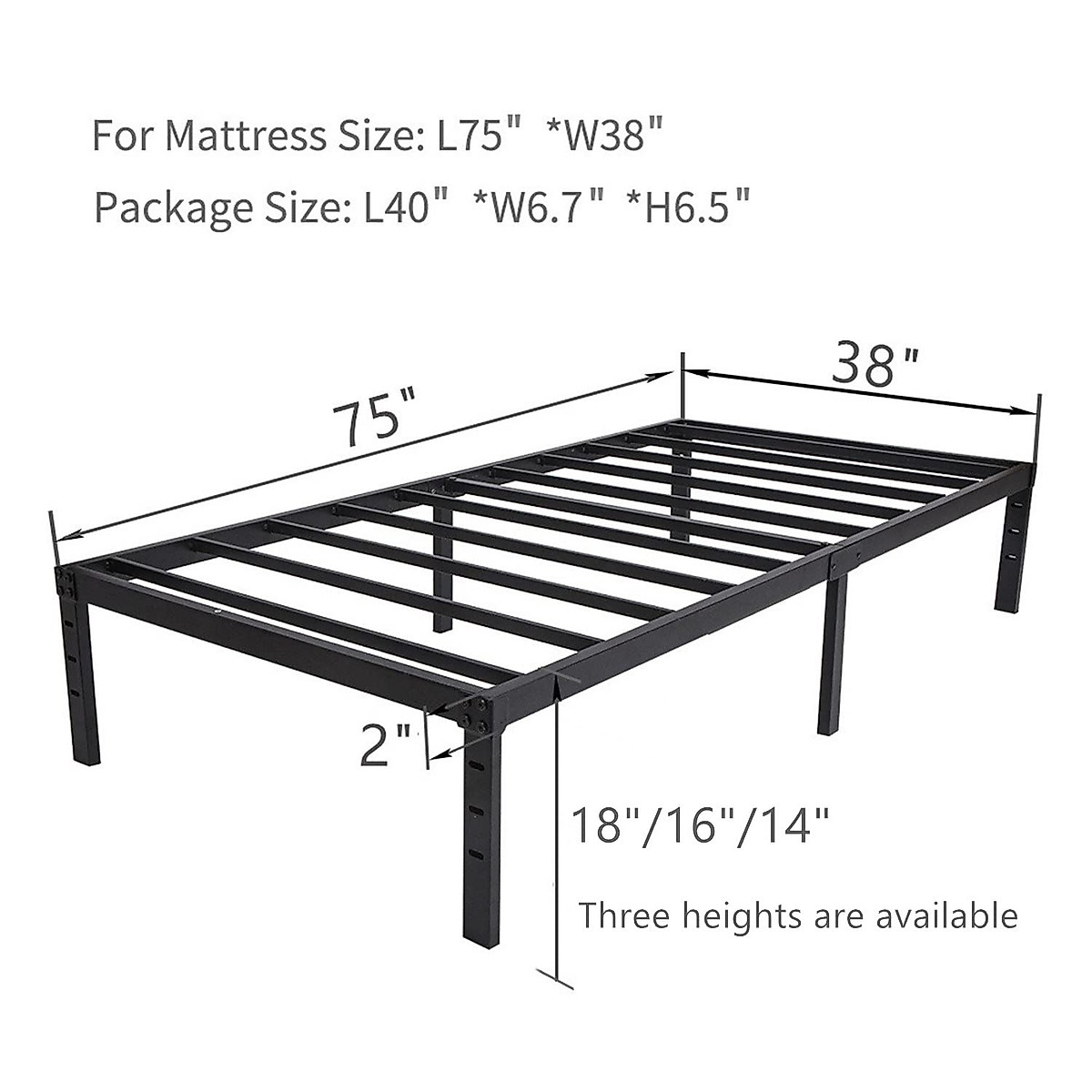 Wulanos Twin Bed Frames, Heavy Duty Metal Frames with Steel Slats Support, No Box Spring Needed, 16 Inch High Metal Platform Bed Frames with Storage, Non-Slip and Noise-Free, Black