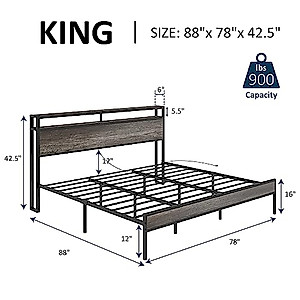 AMERLIFE King Size Bed Frame Industrial Platform Bed with Charging Station, 2-Tier Storage Headboard/No Box Spring Needed/Noise-Free/Rustic Grey
