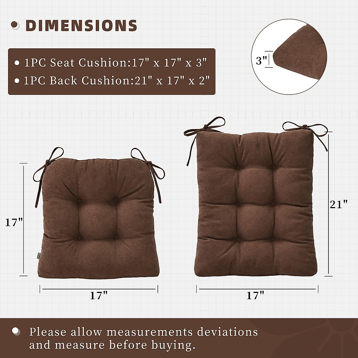 HAVARGO Rocking Chair Cushion Indoor High Back Wooden Rocker Adirondack Chair Cushions, Tufted Patio 1Pc Chair Pad Cushion and 1 Pc Back Cushion Brown