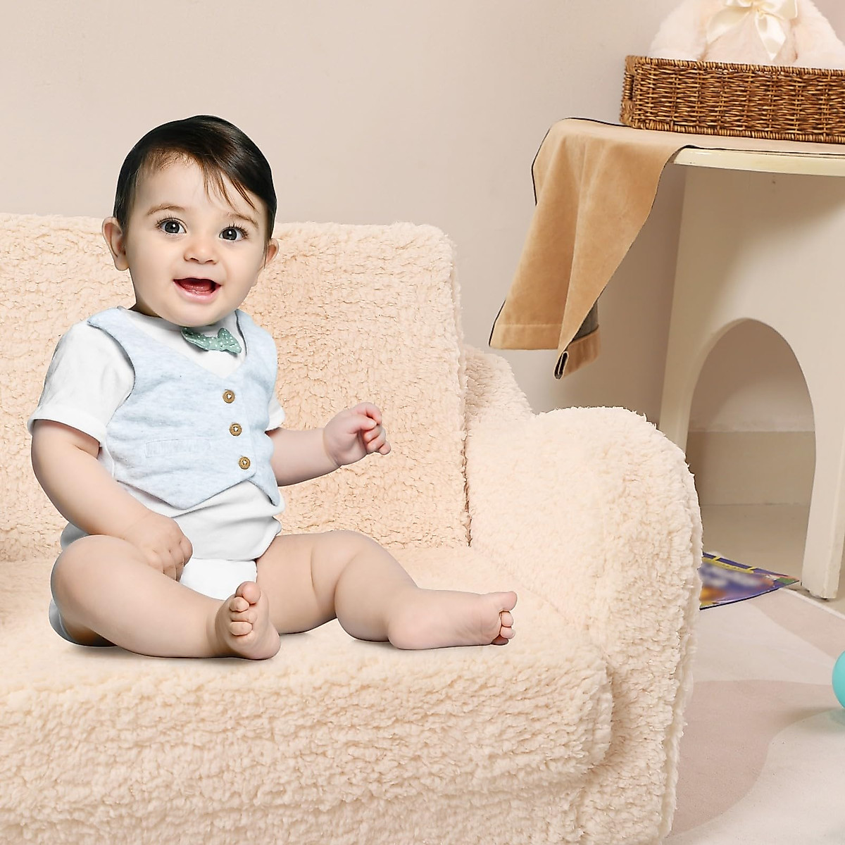 MOMCAYWEX Kids Chairs for Toddler, 2-in-1 Toddler Soft Sherpa Couch Fold Out, Convertible Sofa to Lounger for Girls and Boys, Cream