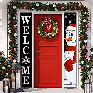 Christmas Porch Sign Banner Winter Welcome Front Porch Banner Merry Christmas Snowman Santa Claus Door Banner for Xmas Holiday Front Door Wall Hanging Decorations Supplies Indoor Outdoor (Snowman)