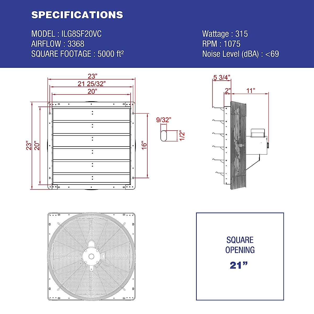 iLIVING 20" Shutter Exhaust Fan with Wireless Smart Remote Controlled Thermostat and Humidity, Variable Speed Wall Mounted Attic Vent Fan, Chicken Coop Ventilation, 3368 CFM, 5000 SQF Coverage Area