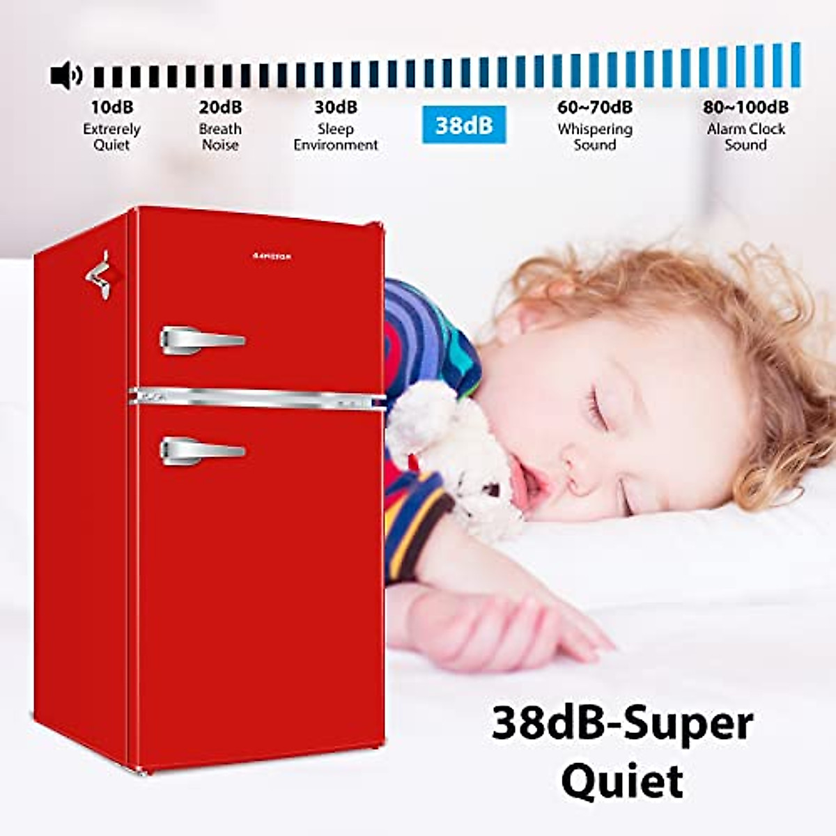 BANGSON Mini Fridge with Freezer, 3.2 CU.FT Small Refrigerator with Freezer, Door Handle, Bottle Opener, For Bedroom, Dorm, Office, Home, Garage or RV, (Red)…