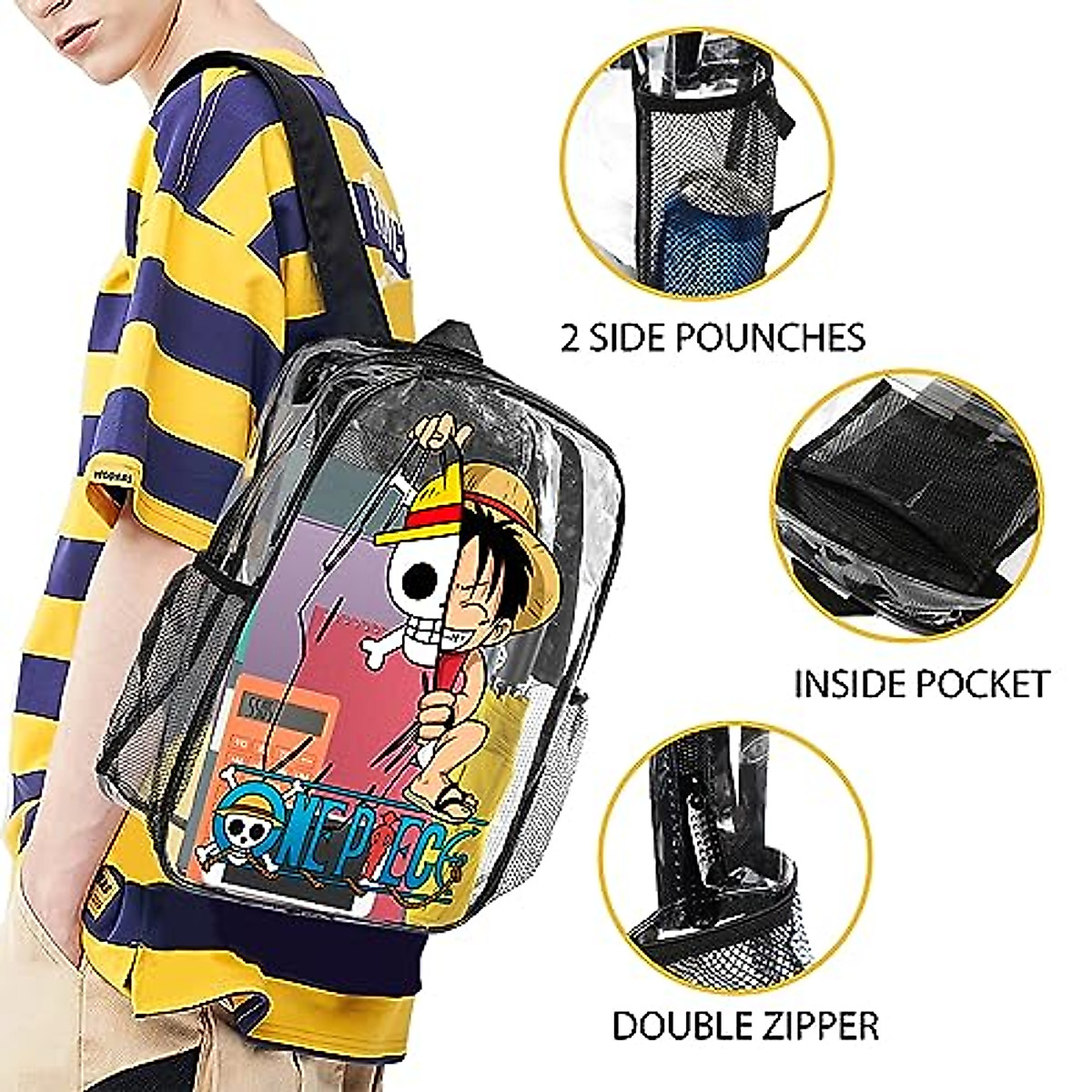 URYLVUG Japanese Anime Clear Backpack, Cosplay PVC Daypack, Heavy Duty See Through Shoulder Bag for Work, Transparent Plastic Bag for Boys Girls-Cute