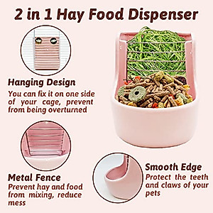 Tfwadmx 2 in 1 Rabbit Hay Food Feeder Bunny Hanging Grass Dispenser Pet Cage Manger Rack Guinea Pig Hay Food Bowl with Water Bottle for Small Animals Chinchilla Hedgehog