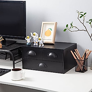 ExoLiry Rustic Black Wood Desk Storage Cabinet 3 Wide Drawers Countertop Bamboo Organizer Jewelry Box Holder Metal Handles Table Top Wooden Keepsake Caddy Home Office Farmhouse Antique Mini Dresser