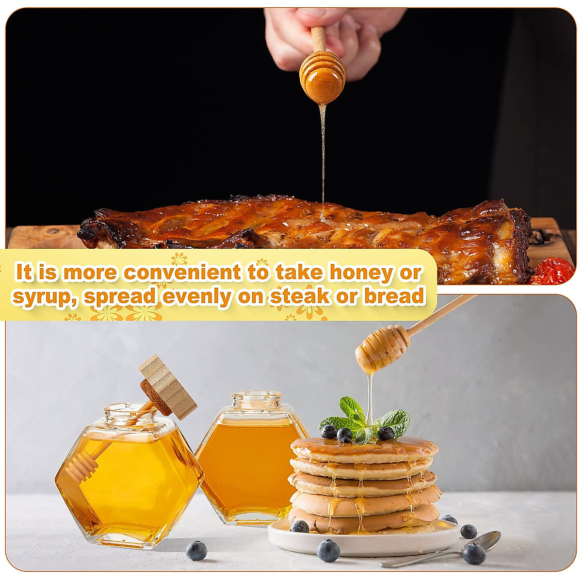 Sunnyray 8 Pcs 220 ml Glass Honey Jars with Dipper Hexagonal Honey Pot Jars Clear Glass Honey Dispenser Small Honey Containers Honey Bottle with Wooden Dipper and Cork Lid for Home Storage Kitchen