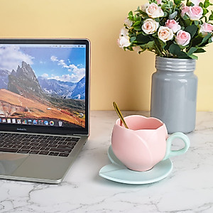 Koythin Ceramic Coffee Mug with Saucer Set, Creative Tulip Cup Unique Irregular Design for Office and Home, Dishwasher and Microwave Safe, Cute Cup for Latte Tea Milk (9.5oz, Pink)