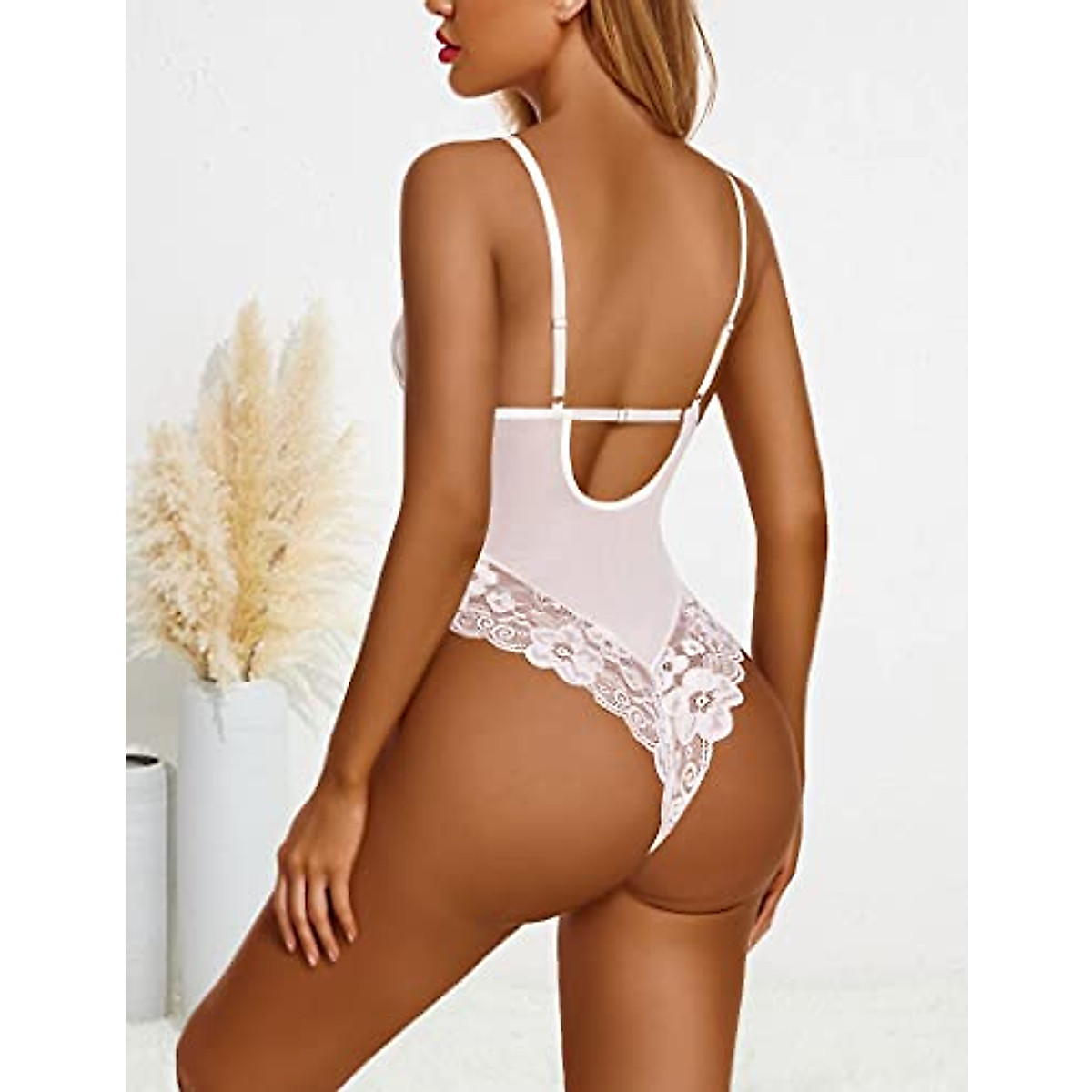 Avidlove Bridal Lingerie for Women Sexy Lingerie Floral Lace Teddy Strappy One Piece Snap Crotch Boudoir Lingerie(White,M)