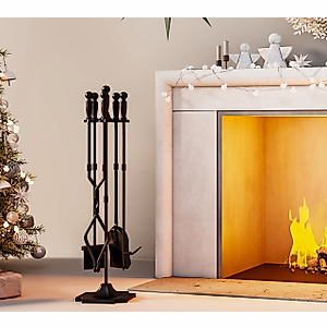 Fire Beauty Fireplace Tools, 5 Pieces Fireside Accessories Fire Kit Set, Stand Woodstove Tools Holder Wrought Iron Handle Indoor Fireset Stand (32 Inches)