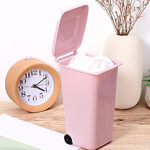 Tofficu Small Waste Basket 2pcs Mini Curbside Garbage Trash Bin with Wheels Lid Pen Holder Tiny Recycle Can Pencil Cup Desktop Organizer for Bedroom Office Desktop Car Green Pink