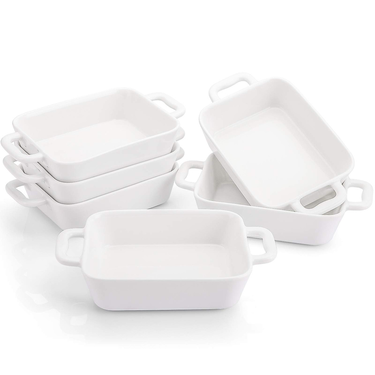 Foraineam 6 Pieces Bakeware Set, White Porcelain Souffle Dishes Creme Brulee Ramekins, 6-1/4 x 4-3/4 inch Rectangular Baking Pans with Double Handles
