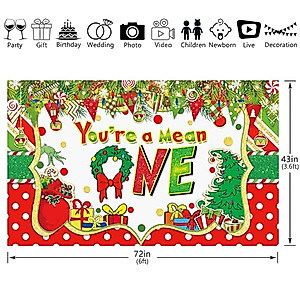 Swepuck 72x43inch Fabric You're a Mean one Merry Grinchmas Backdrop Christmas Red and Green Photography Background Xmas Party Decorations for 1st Birthday Baby Photo Banner